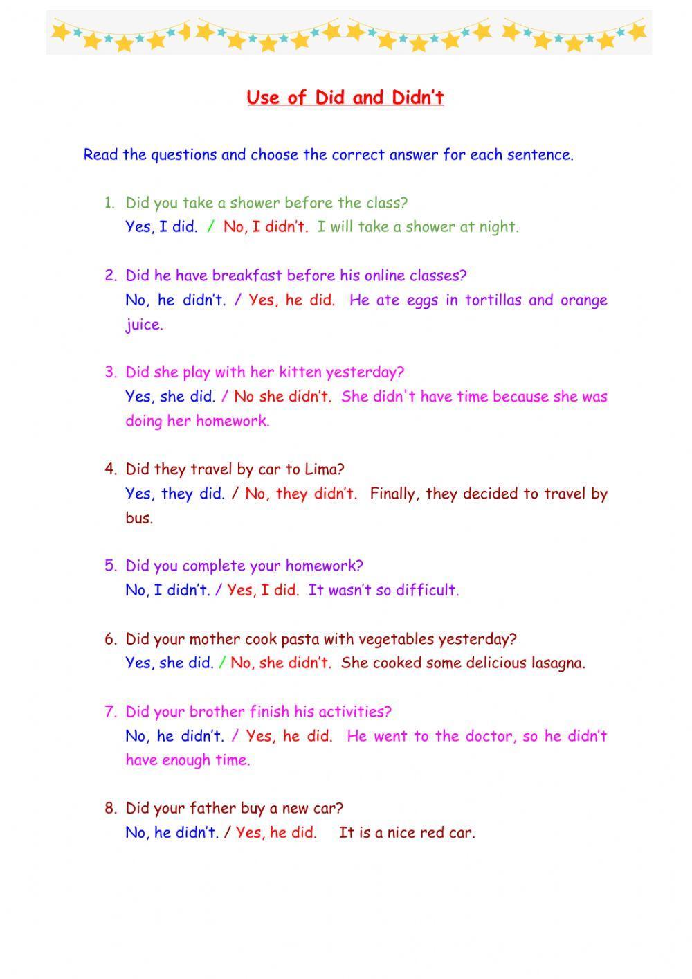 Use of Did and … | Free Interactive Worksheets | 441648