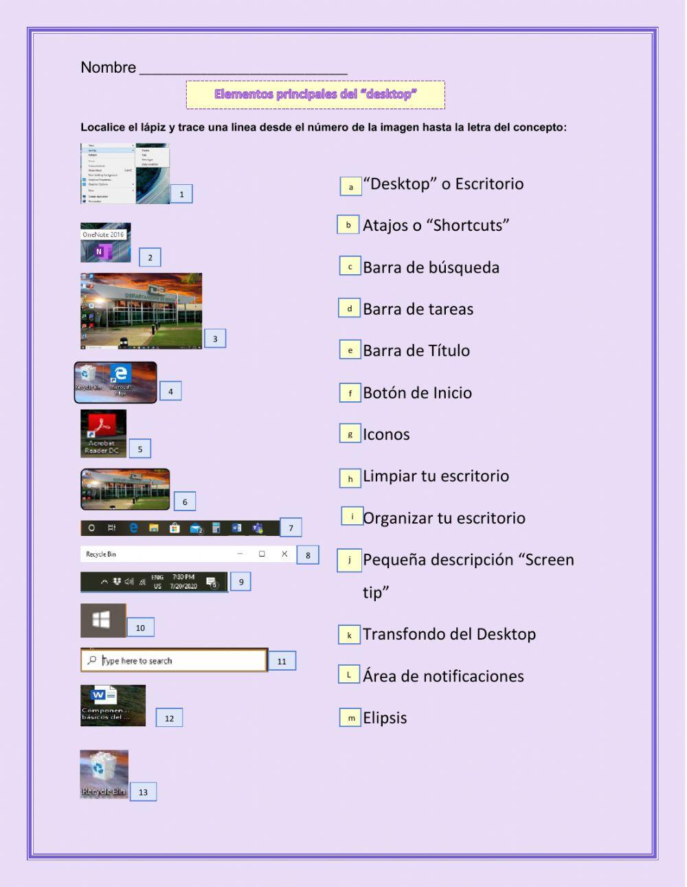 Elementos Principales Escritorio Windows worksheet | Live Worksheets