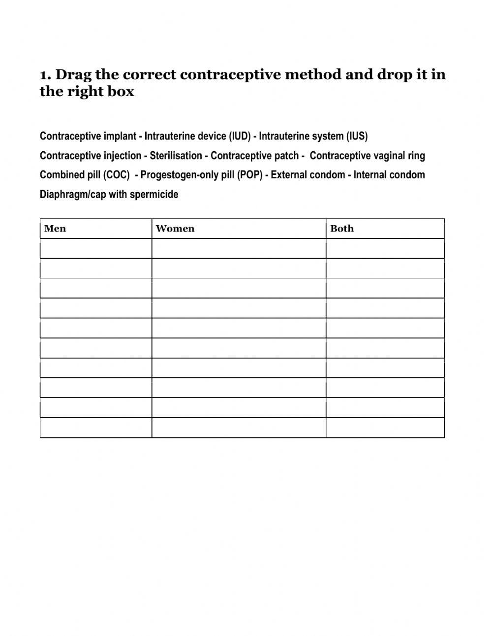 Contraceptive Methods WORKSHEET 6168086 | RomiLuraschi