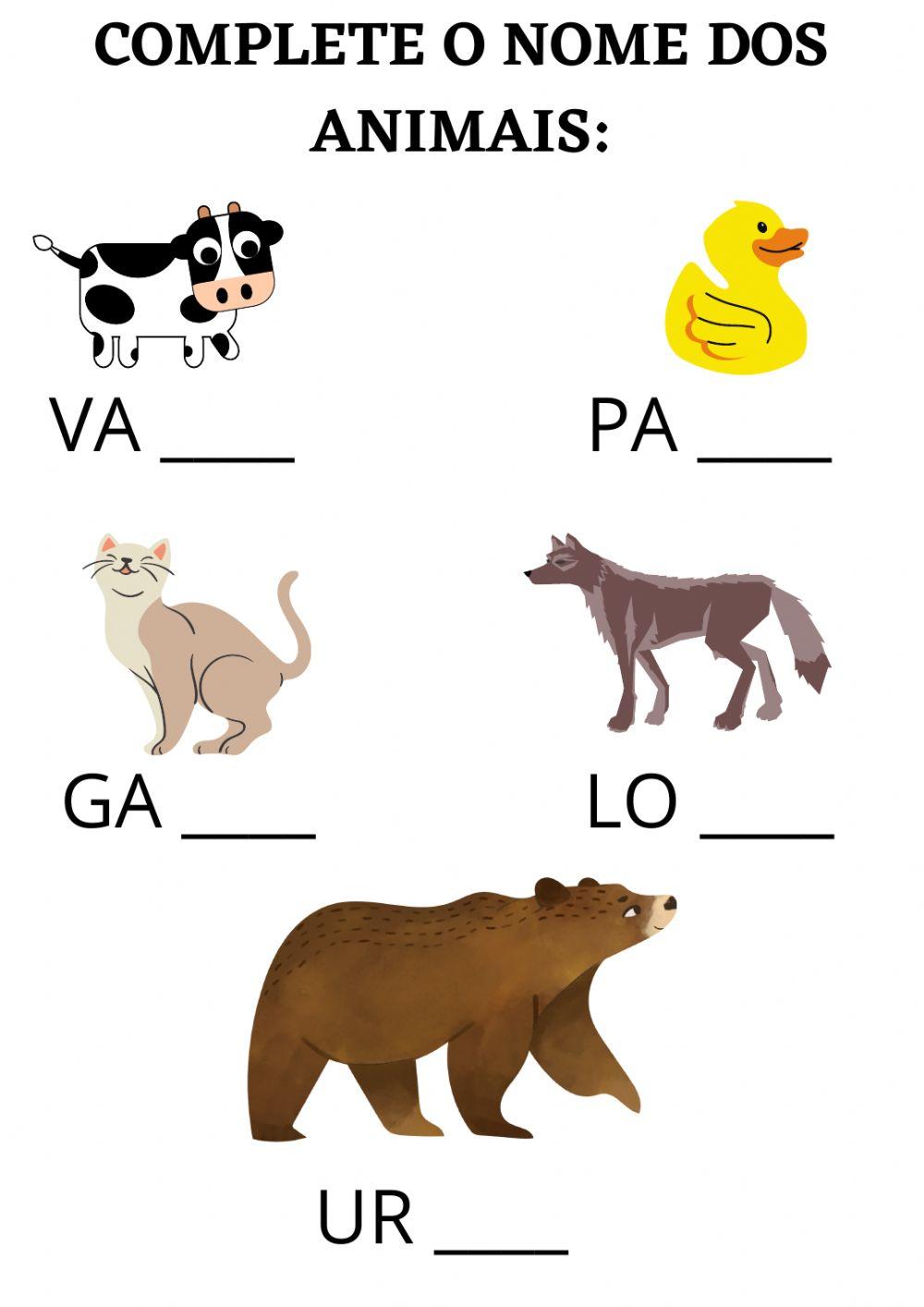 Complete o nome dos animais interactive worksheet | Live Worksheets