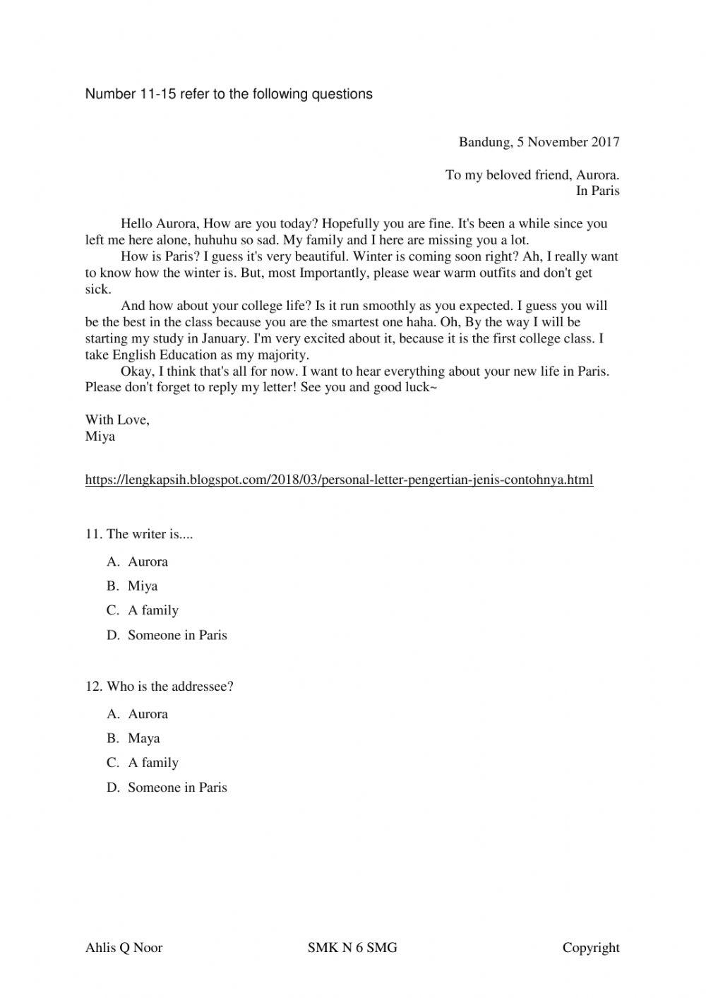 Pre Test Personal Letter - XI - I- VHS 445621 | Ahlis