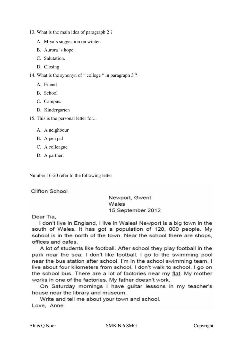 Pre Test Personal Letter - XI - I- VHS 445621 | Ahlis