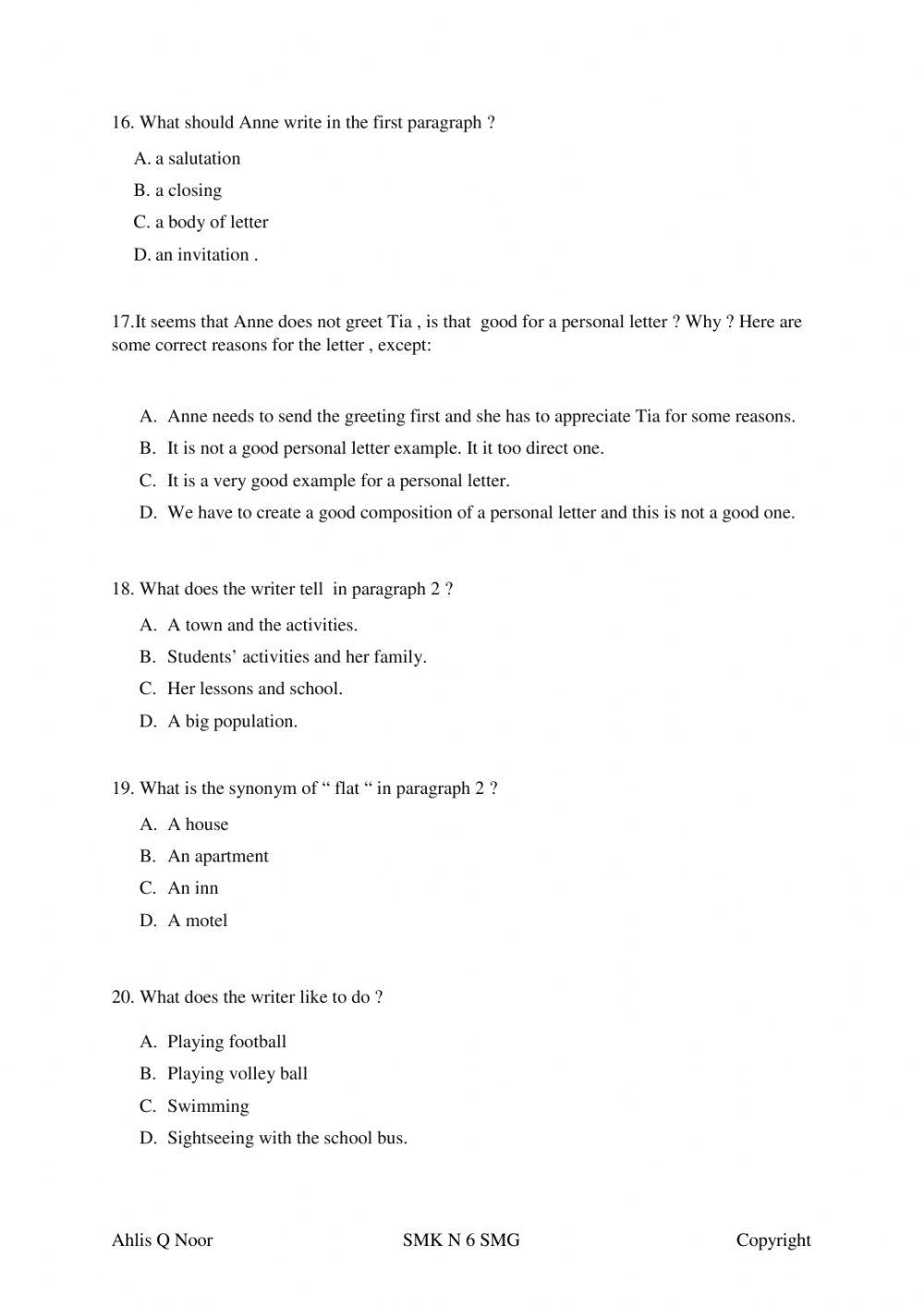 Pre Test Personal Letter - XI - I- VHS 445621 | Ahlis