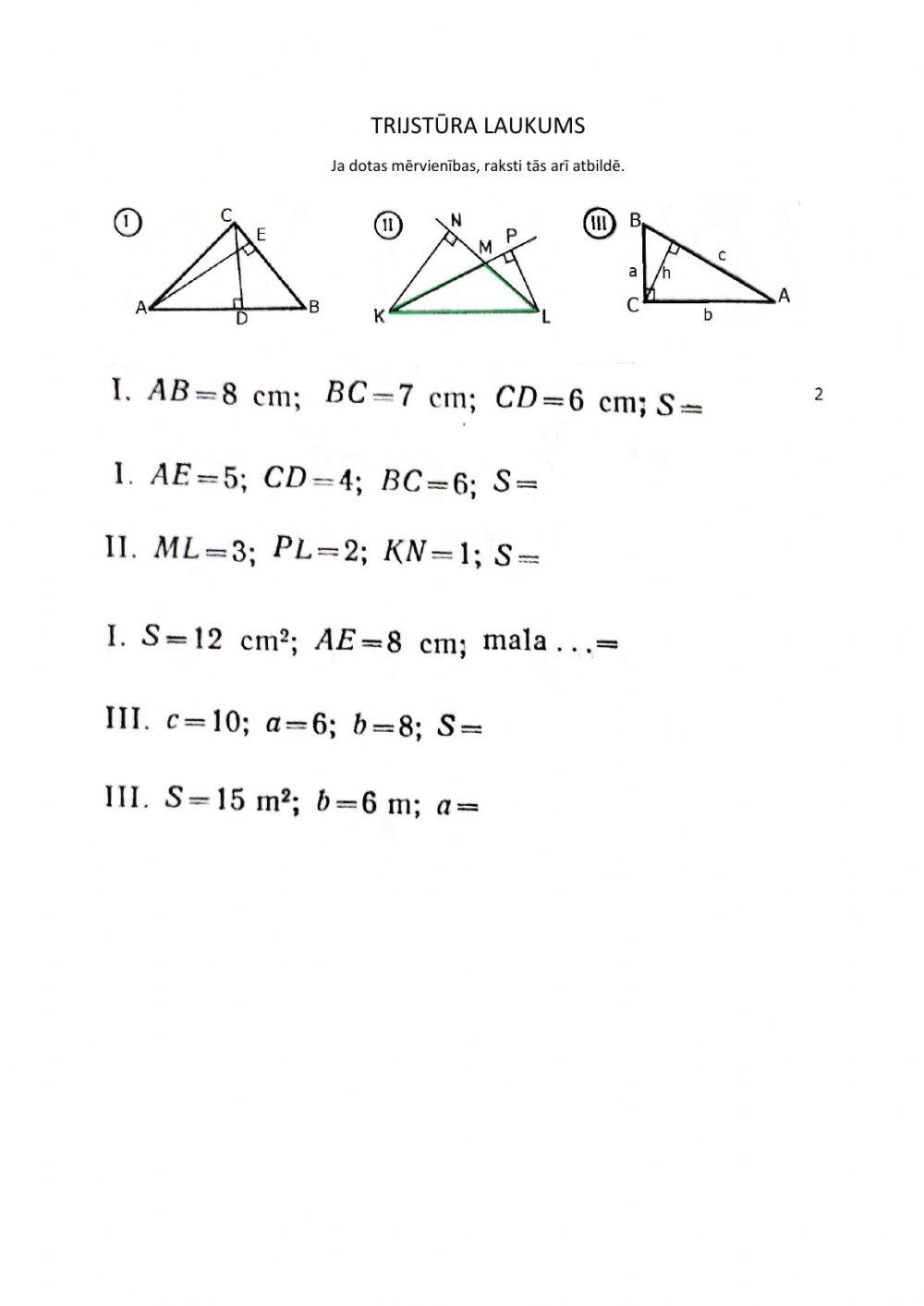 Trijstūra laukums worksheet | Live Worksheets