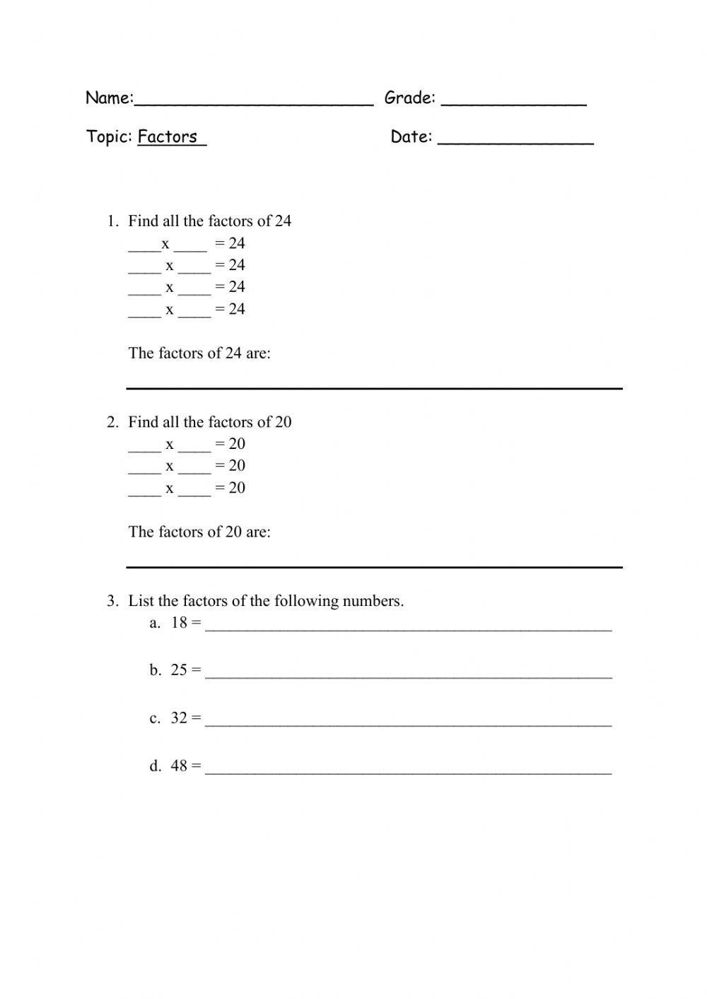 Factors | Free Interactive Worksheets | 445690