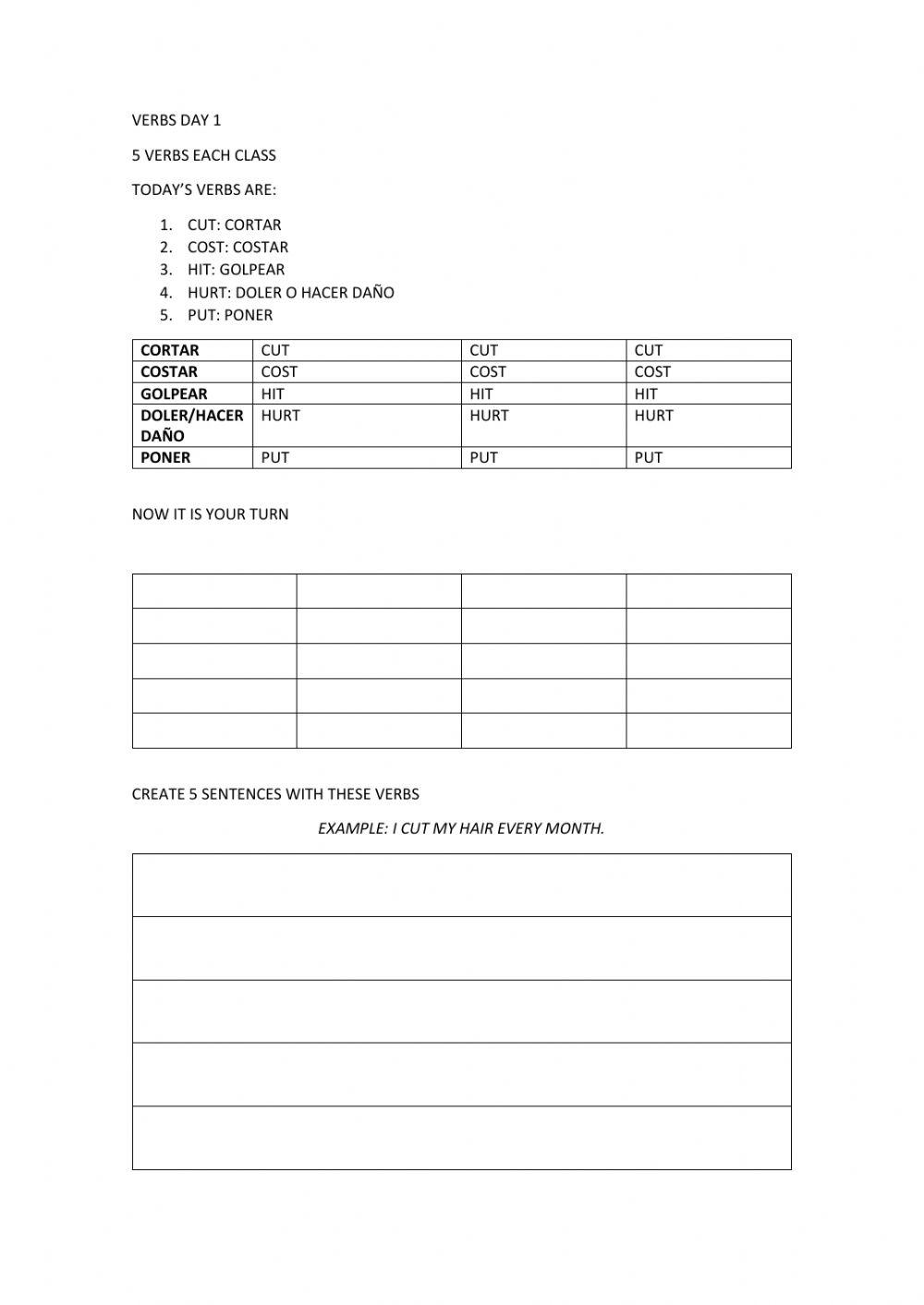 5 verbs worksheet | Live Worksheets