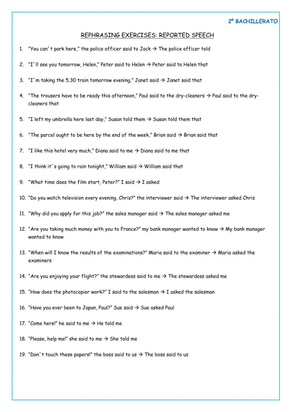 Reported speech online exercise for INTERMEDIATE | Live Worksheets