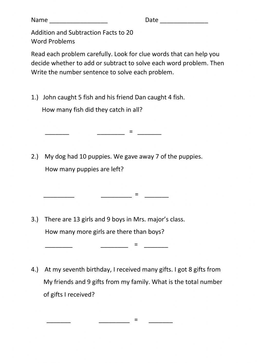 Addition And Subtraction Facts To 20 Word Problems Worksheet Live Addition And Subtraction Facts To 20 Word Problems Worksheet Live