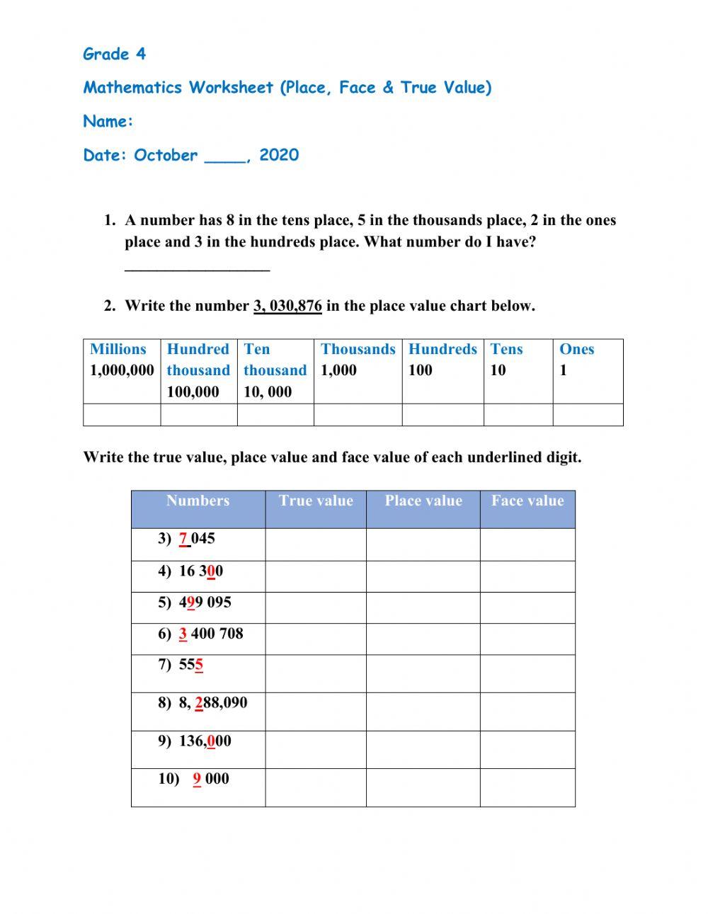 Place Face True Value Worksheet Live Worksheets Place Face True Value Worksheet Live Worksheets