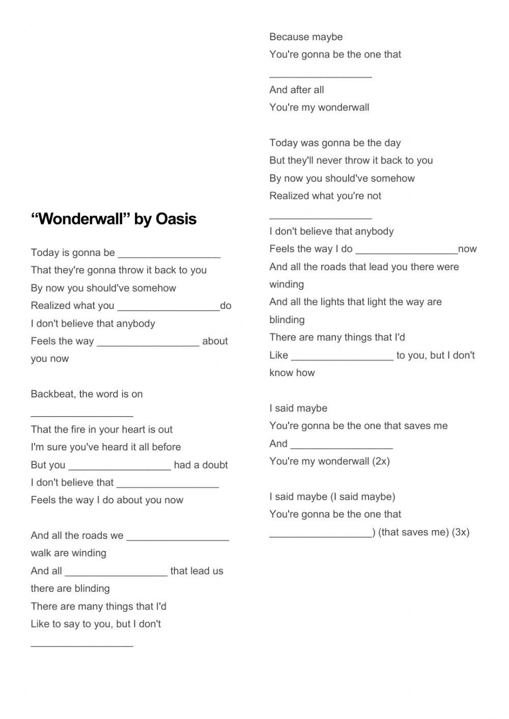 Wonderwall | Free Interactive Worksheets | 447257