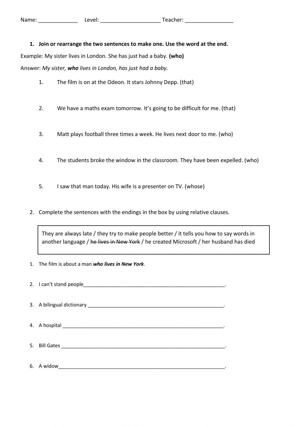 YL12 Relative clause Quiz unit 1 worksheet | Live Worksheets