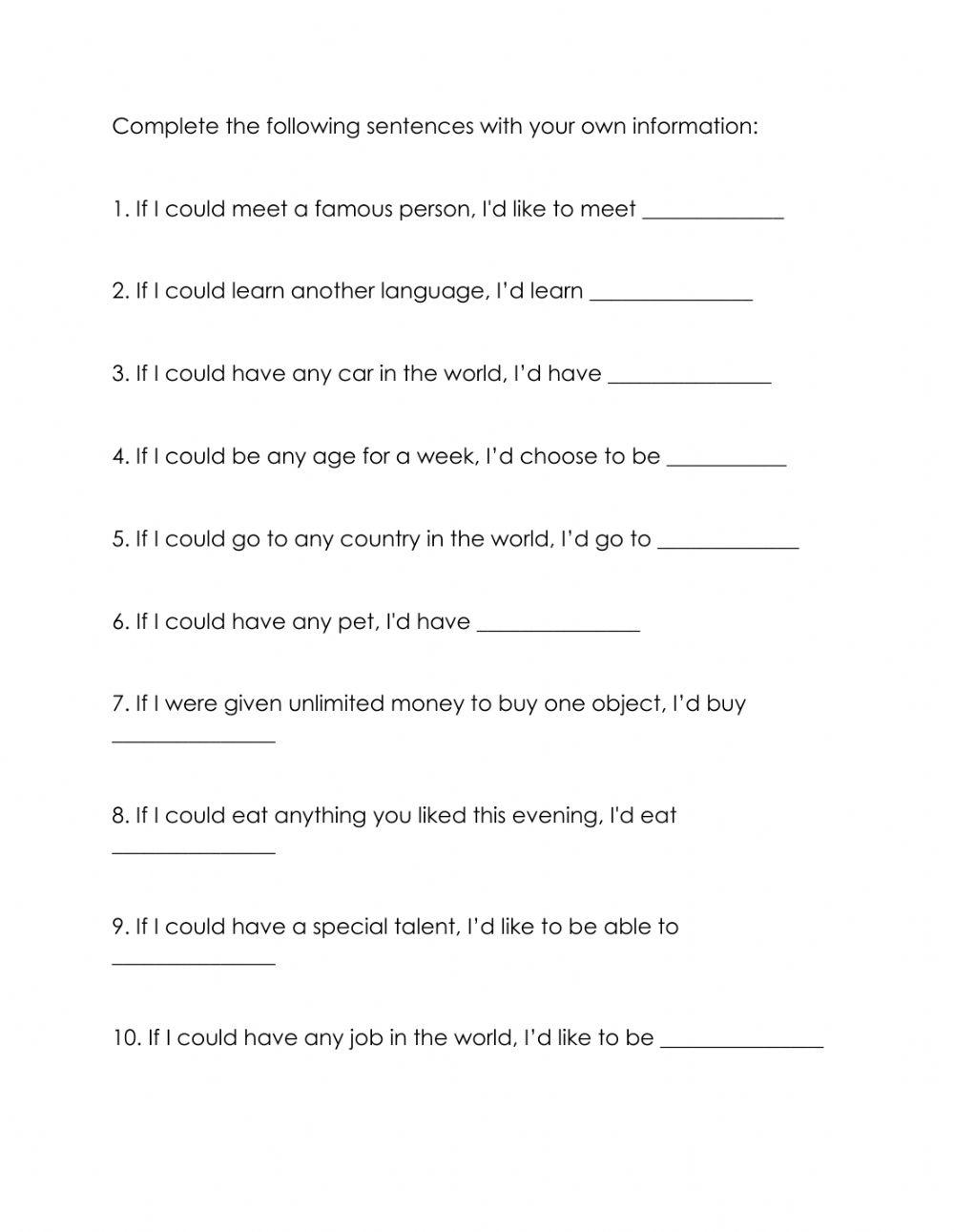 Second Conditional - Completing Sentences 6172319 | Ana