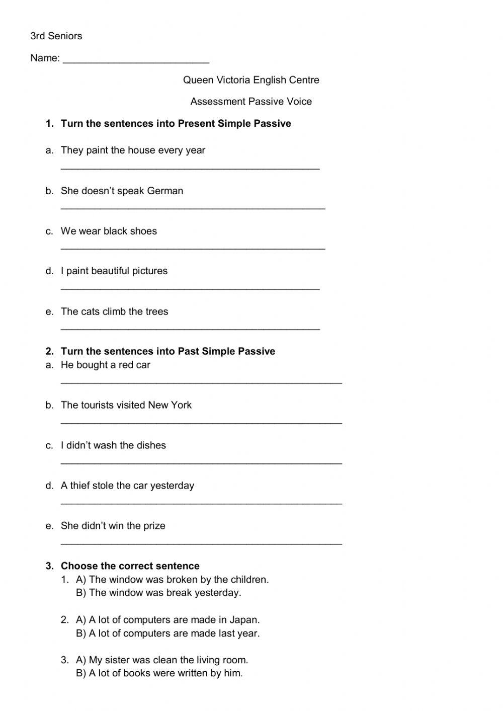 Passive Voice Assessment 3rd srs worksheet | Live Worksheets