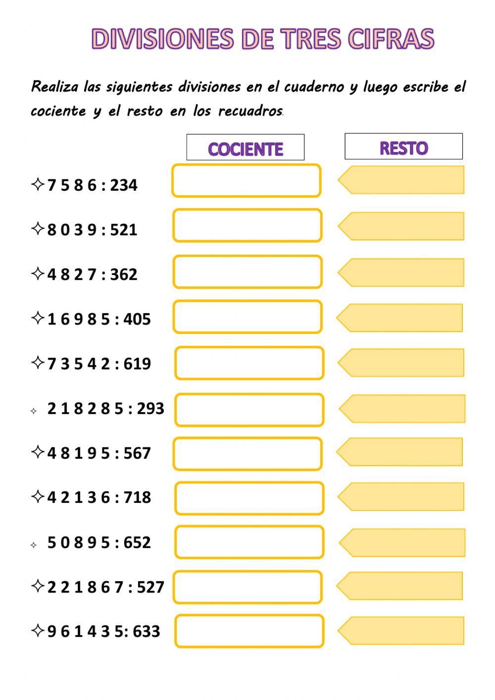 Divisiones de tres cifras activity | Live Worksheets