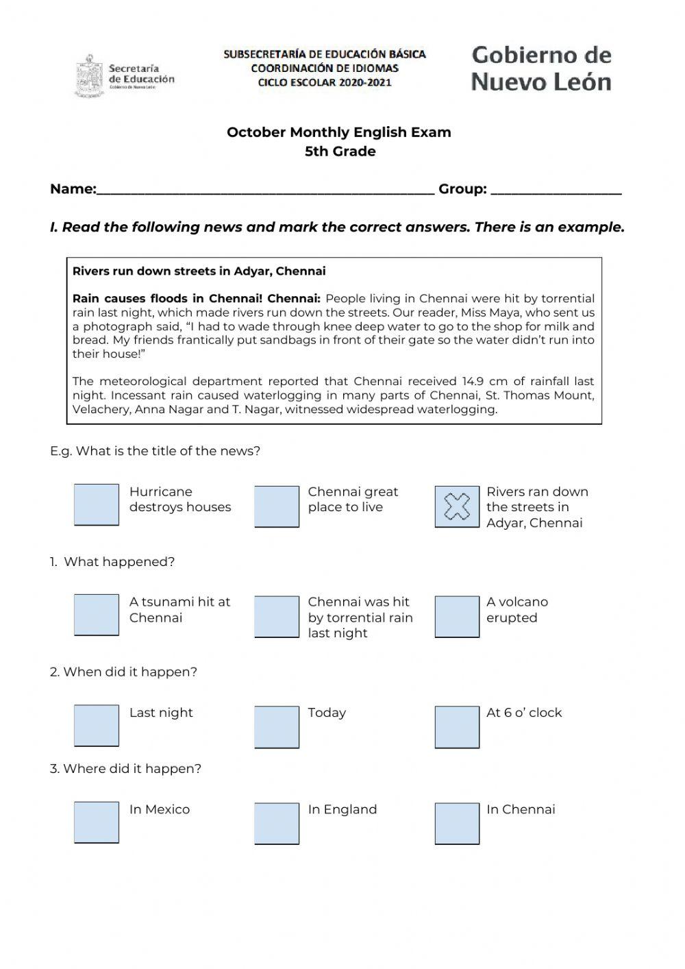 October Quiz - Fifth Grade | Mario Andrés Villarreal