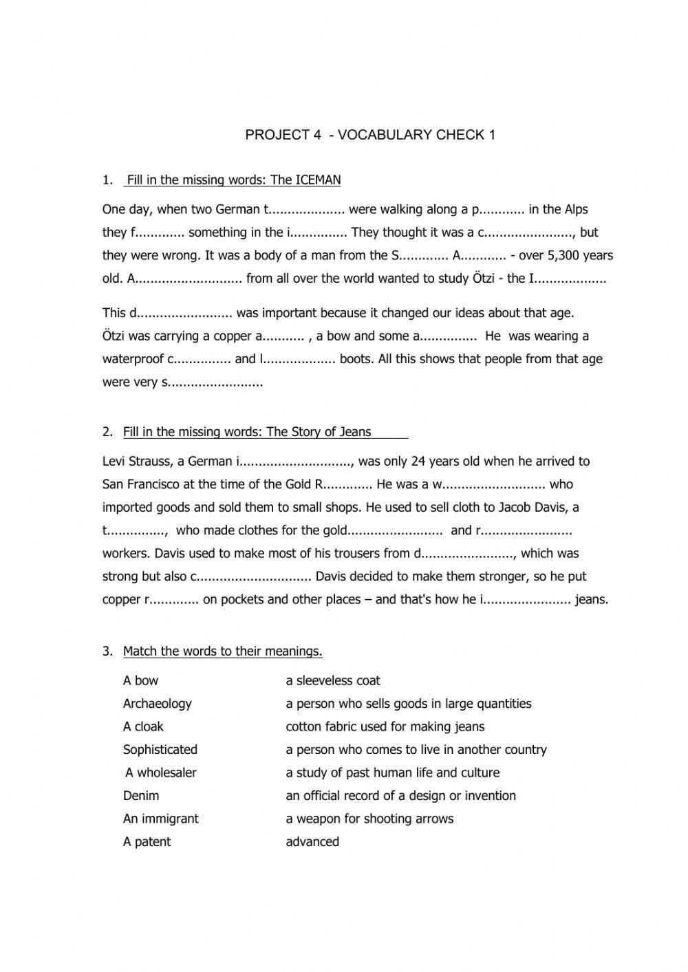 Project 4 - Vocabulary check 1 worksheet | Live Worksheets