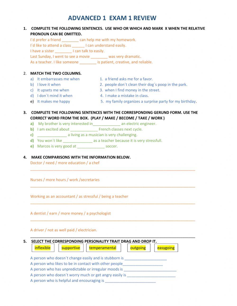 Advanced 1 Exam 1 Quiz worksheet | Live Worksheets