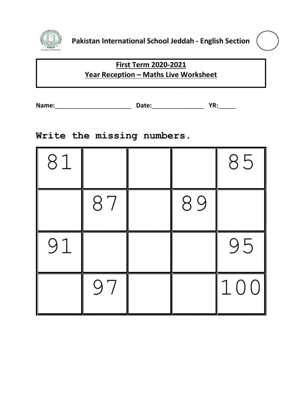 Missing numbers online exercise for Year Reception | Live Worksheets