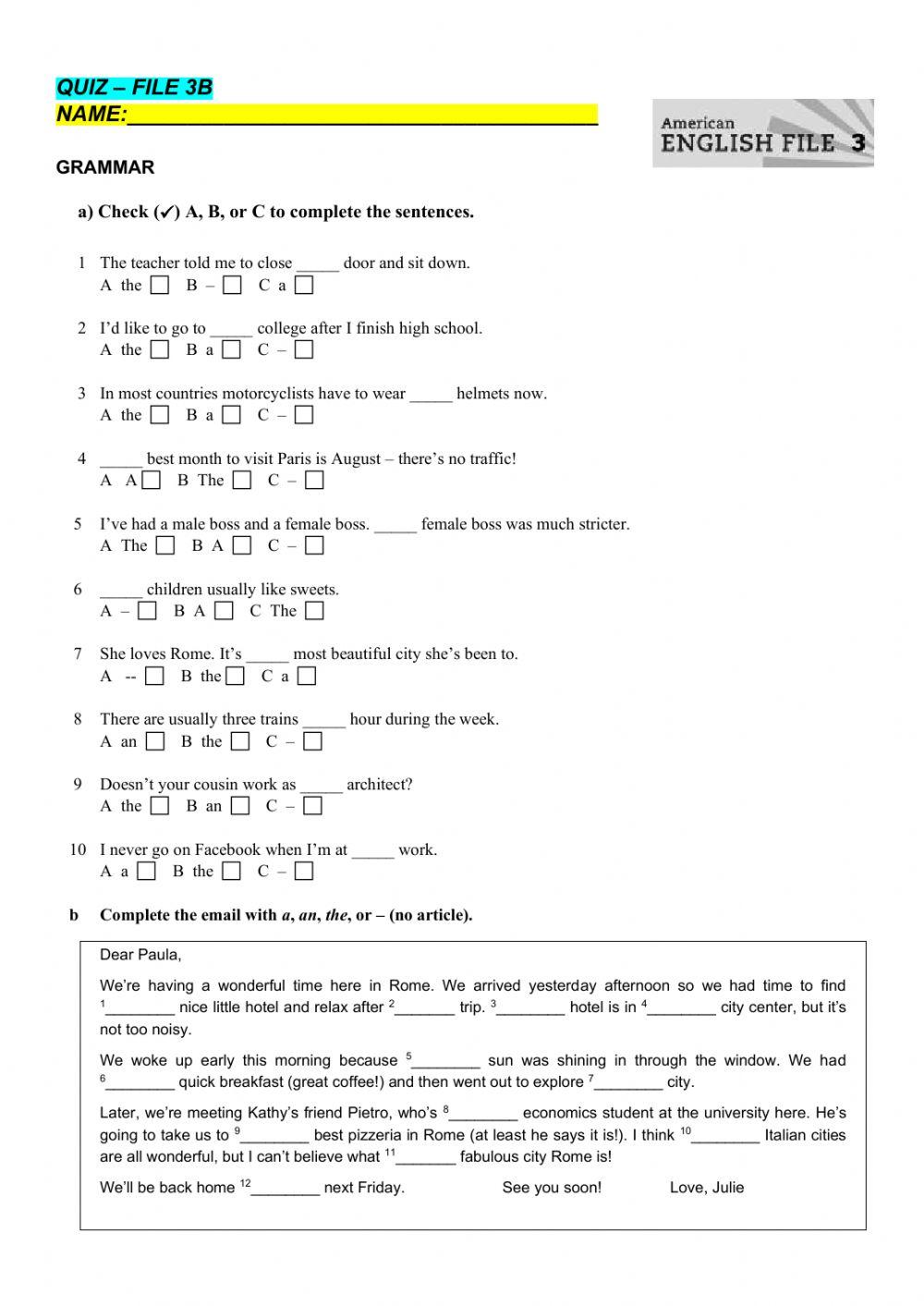 Quiz file 3B M1 worksheet | Live Worksheets