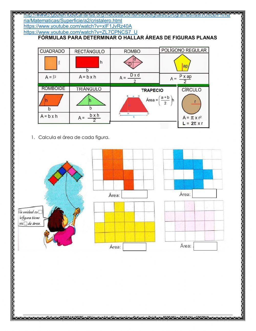 Area de figuras planas y superficie worksheet | Live Worksheets