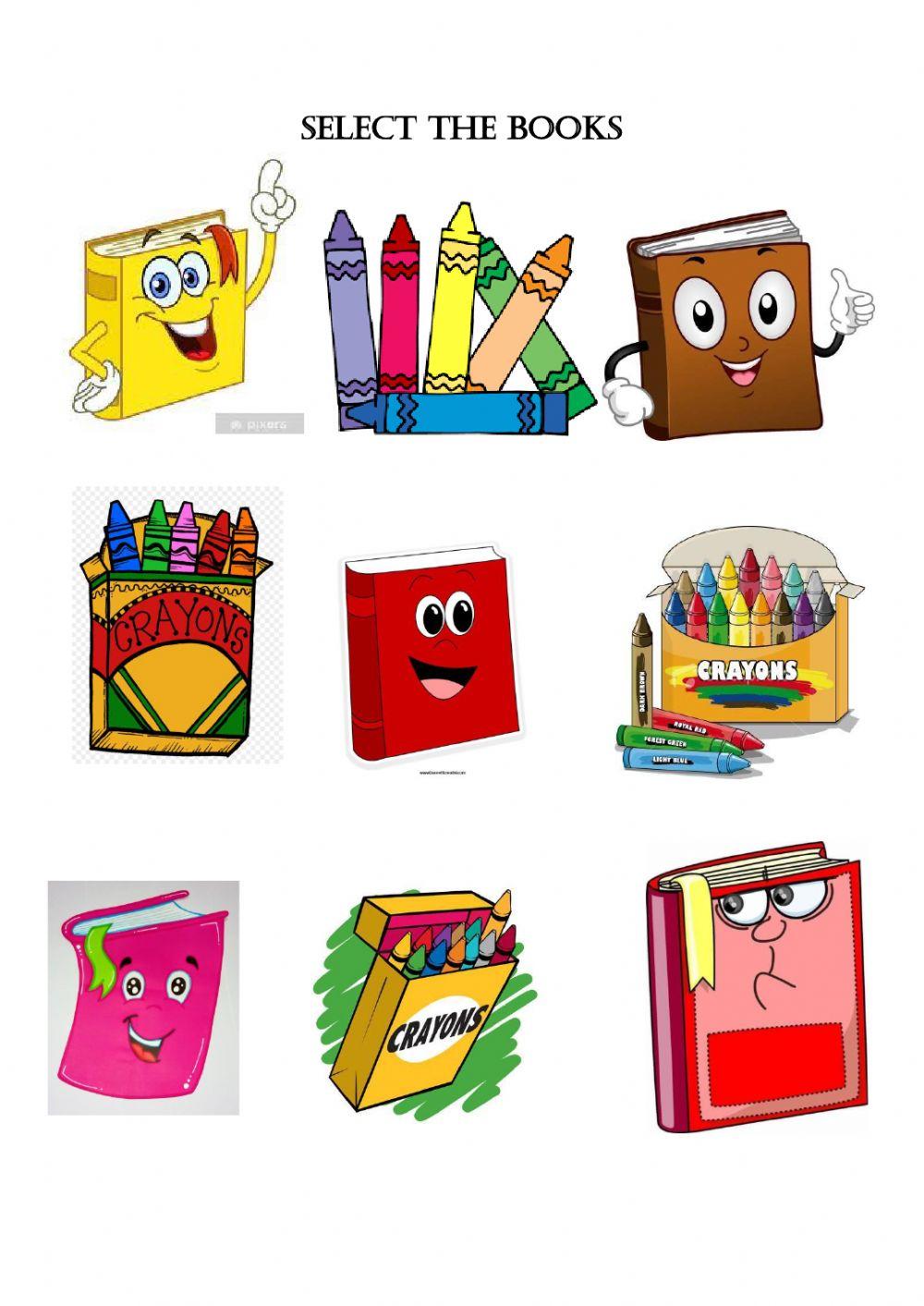 Book and crayon worksheet | Live Worksheets