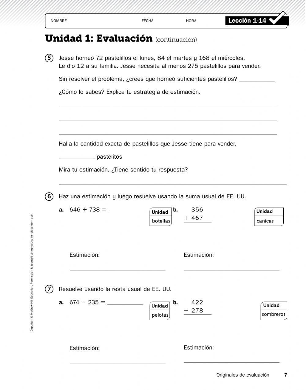 Evaluación de matemática, unidad 1 worksheet | Live Worksheets
