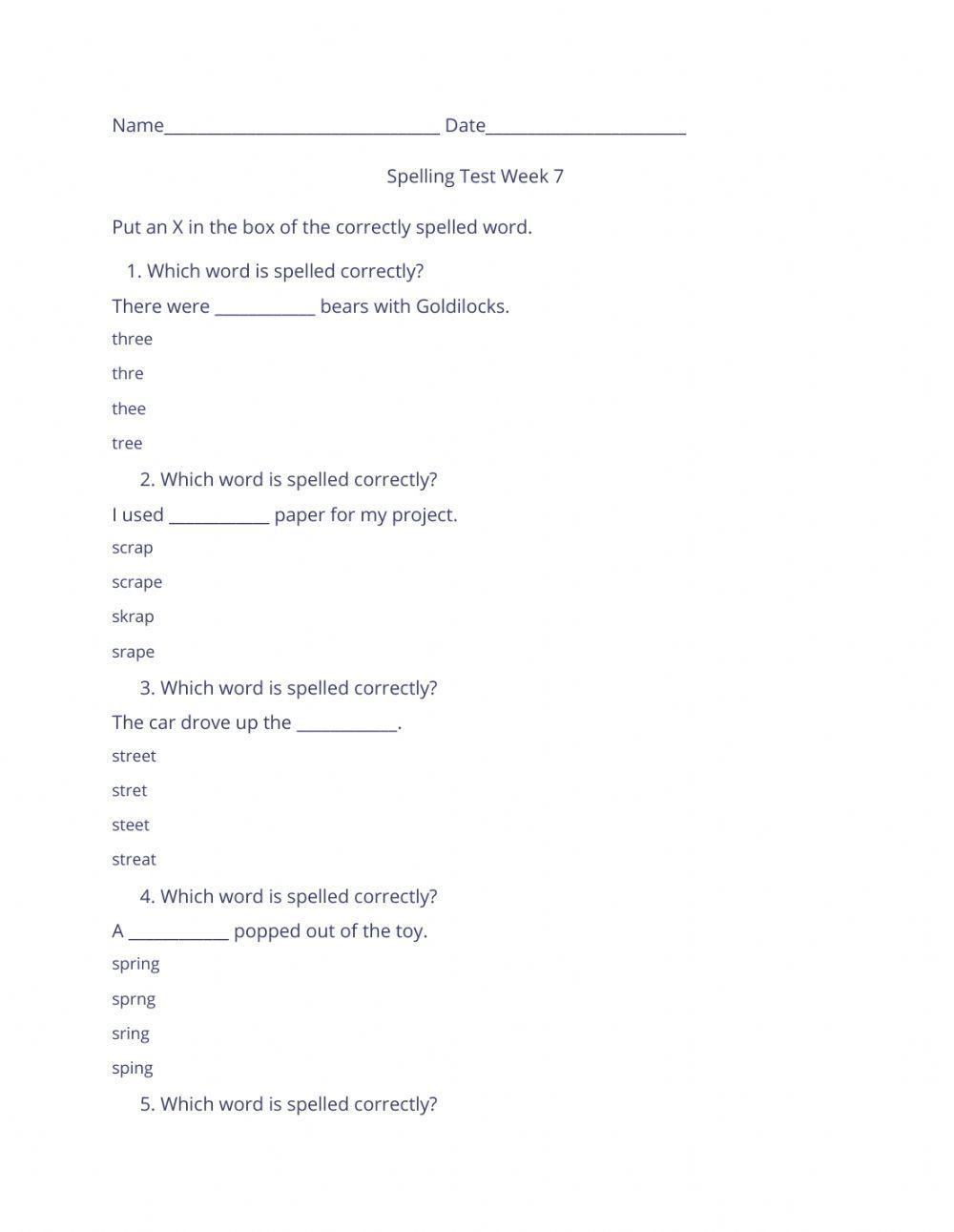 Week 7 Spelling Test worksheet | Live Worksheets