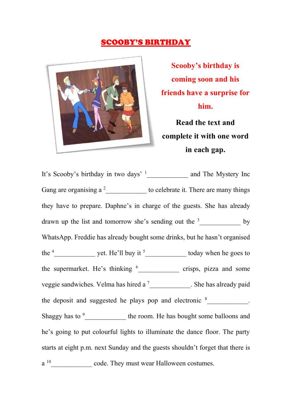 Birthday - Scooby's birthday - Open cloze worksheet | Live Worksheets