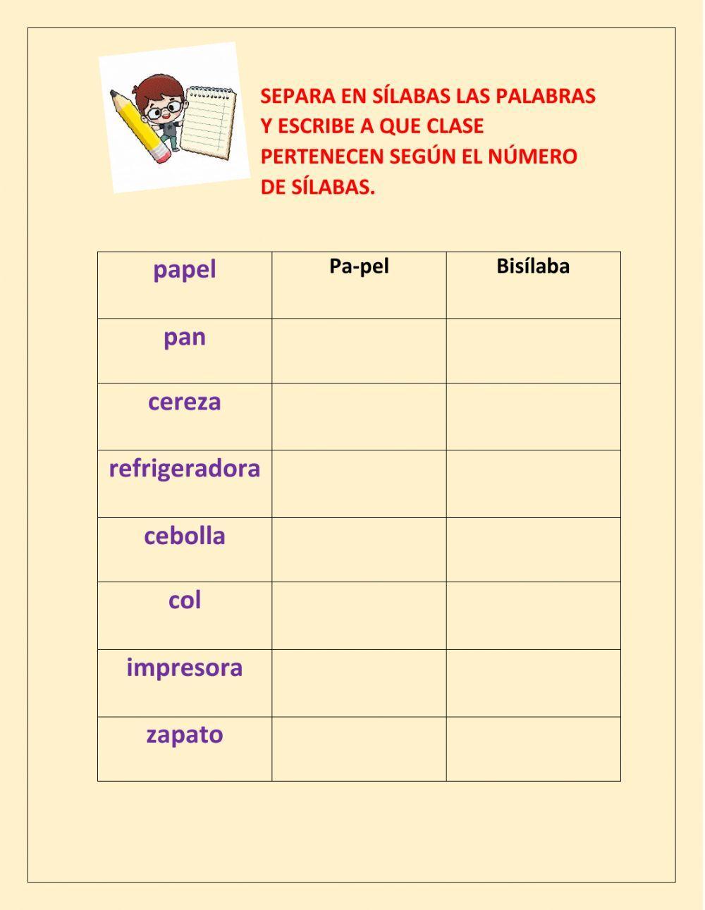 Separación de silabas online activity | Live Worksheets