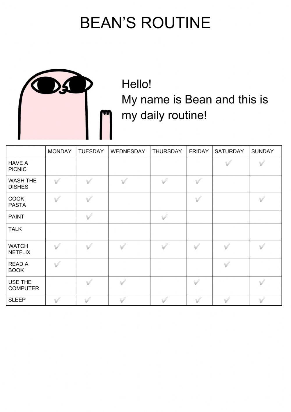 Bean's routine worksheet | Live Worksheets