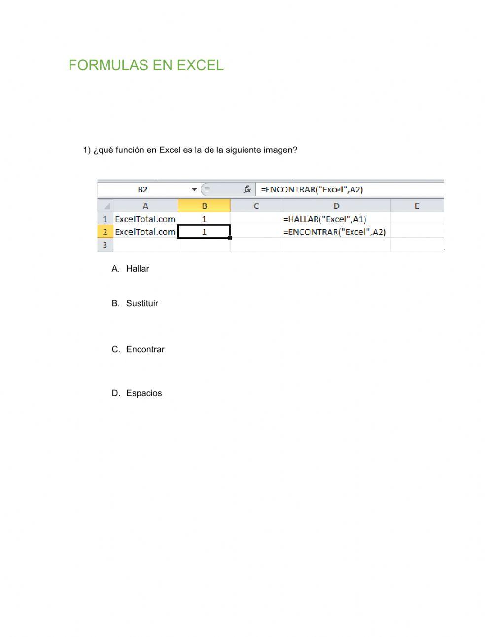 Formulas en excel worksheet | Live Worksheets