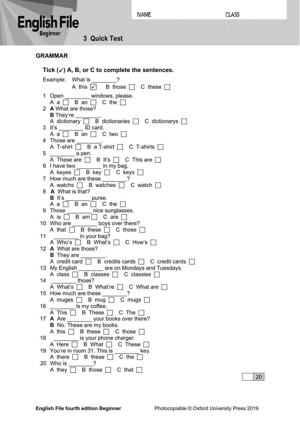 Beginner quick test 3 online exercise for | Live Worksheets