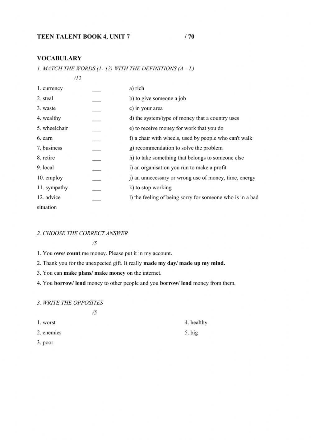 TEEN TALENT BOOK 4, UNIT 7 online exercise for | Live Worksheets