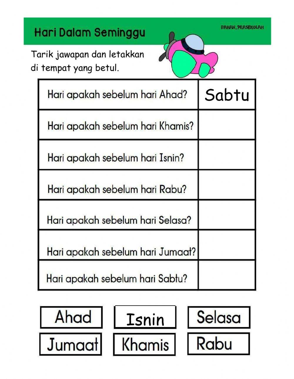Hari & bulan 6 tahun worksheet | Live Worksheets