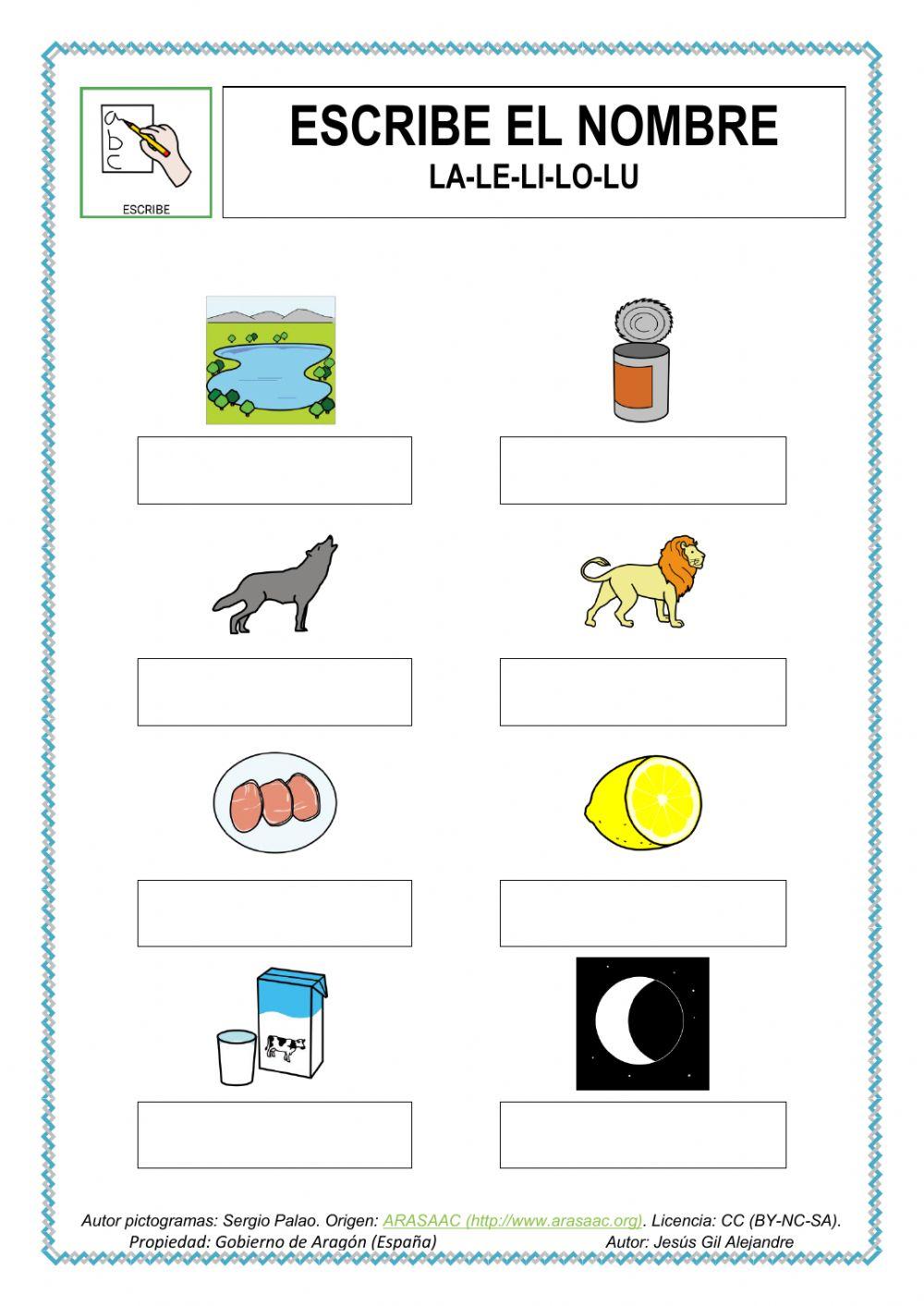 Escribe palabras con la le li lo lu worksheet | Live Worksheets