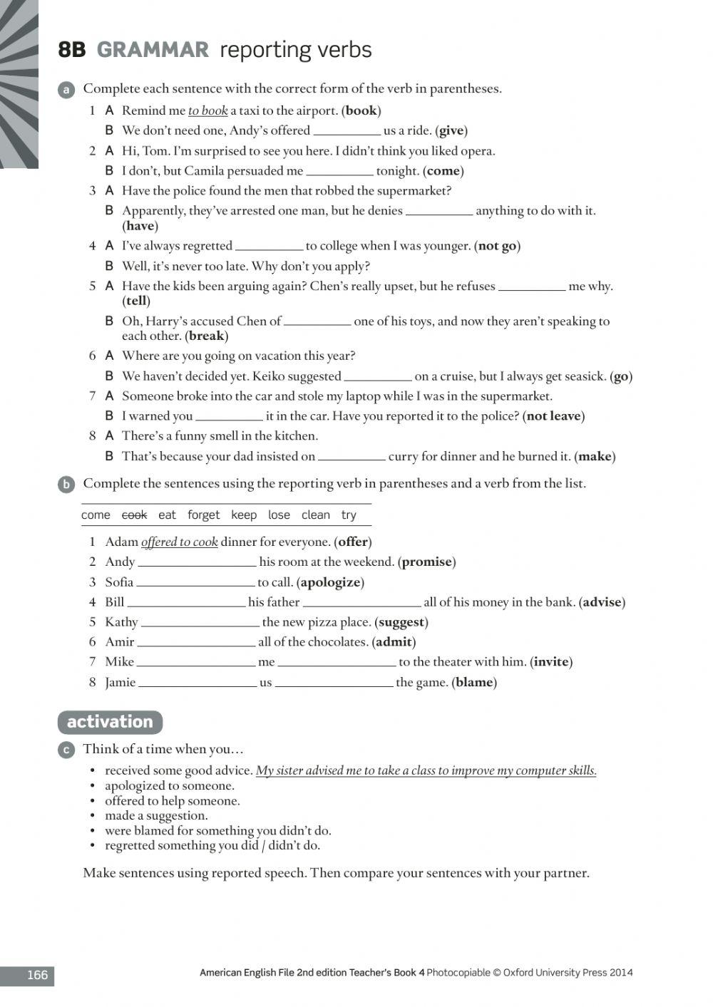 Cycle XXII Unit 8B Grammar Reporting Verbs online exercise for | Live Worksheets