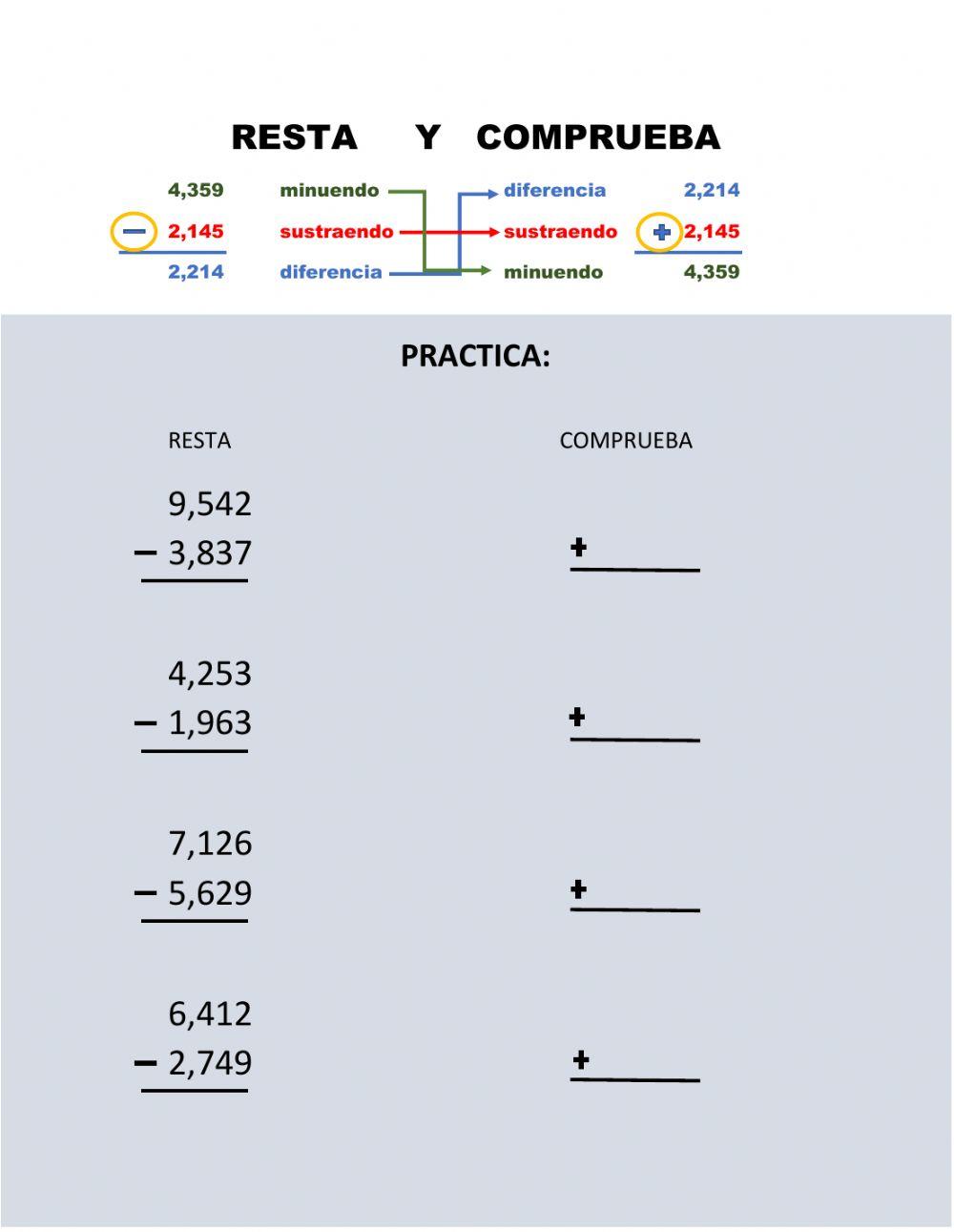 Resta y comprueba worksheet | Live Worksheets