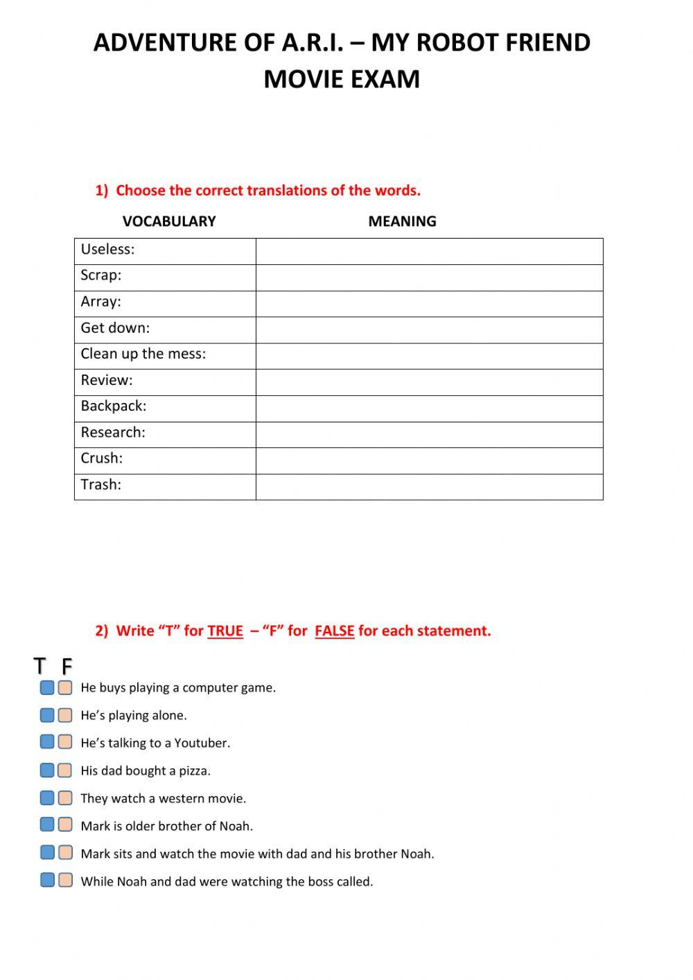 ADVENTURE OF ARI - MY ROBOT FRIEND online exercise for | Live Worksheets
