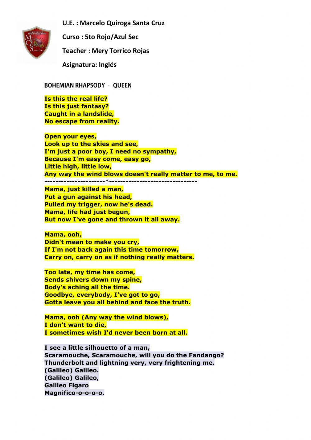 Song Bohemian rhapsody worksheet | Live Worksheets