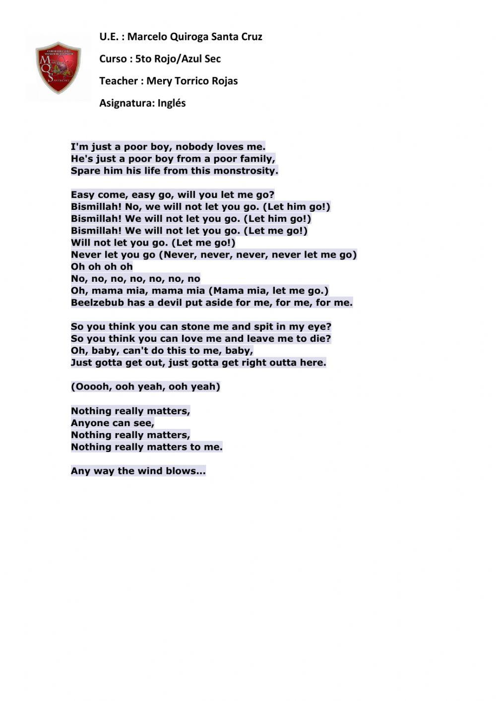 Song Bohemian rhapsody worksheet | Live Worksheets