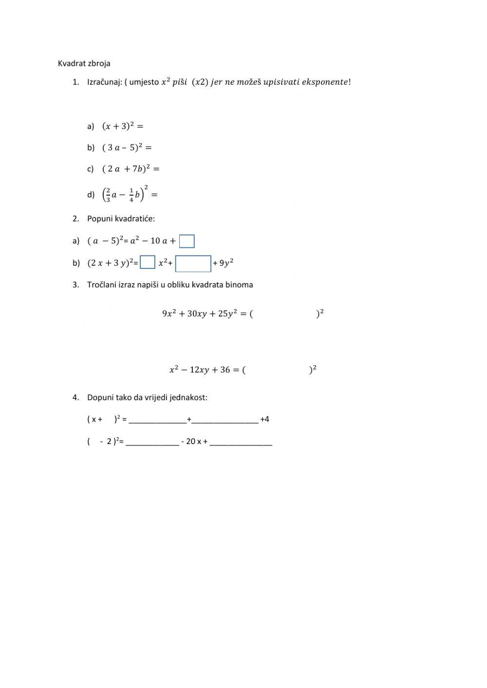 Kvadrat zbroja … | Free Interactive Worksheets | 401038