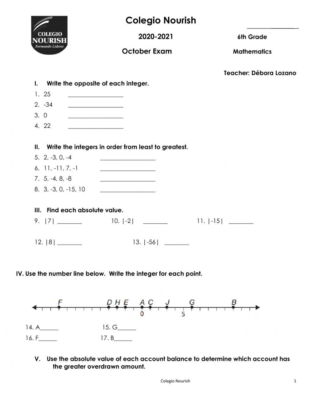 Math October Exam 401574 | ELEMENTARY 6TH | Live
