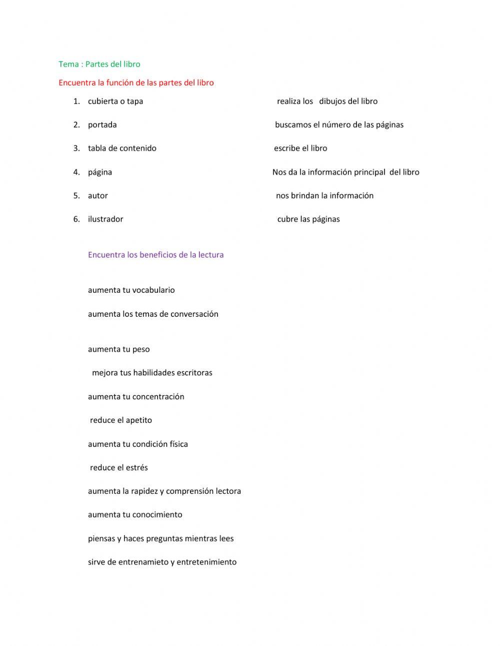 Función de las partes del libro worksheet | Live Worksheets