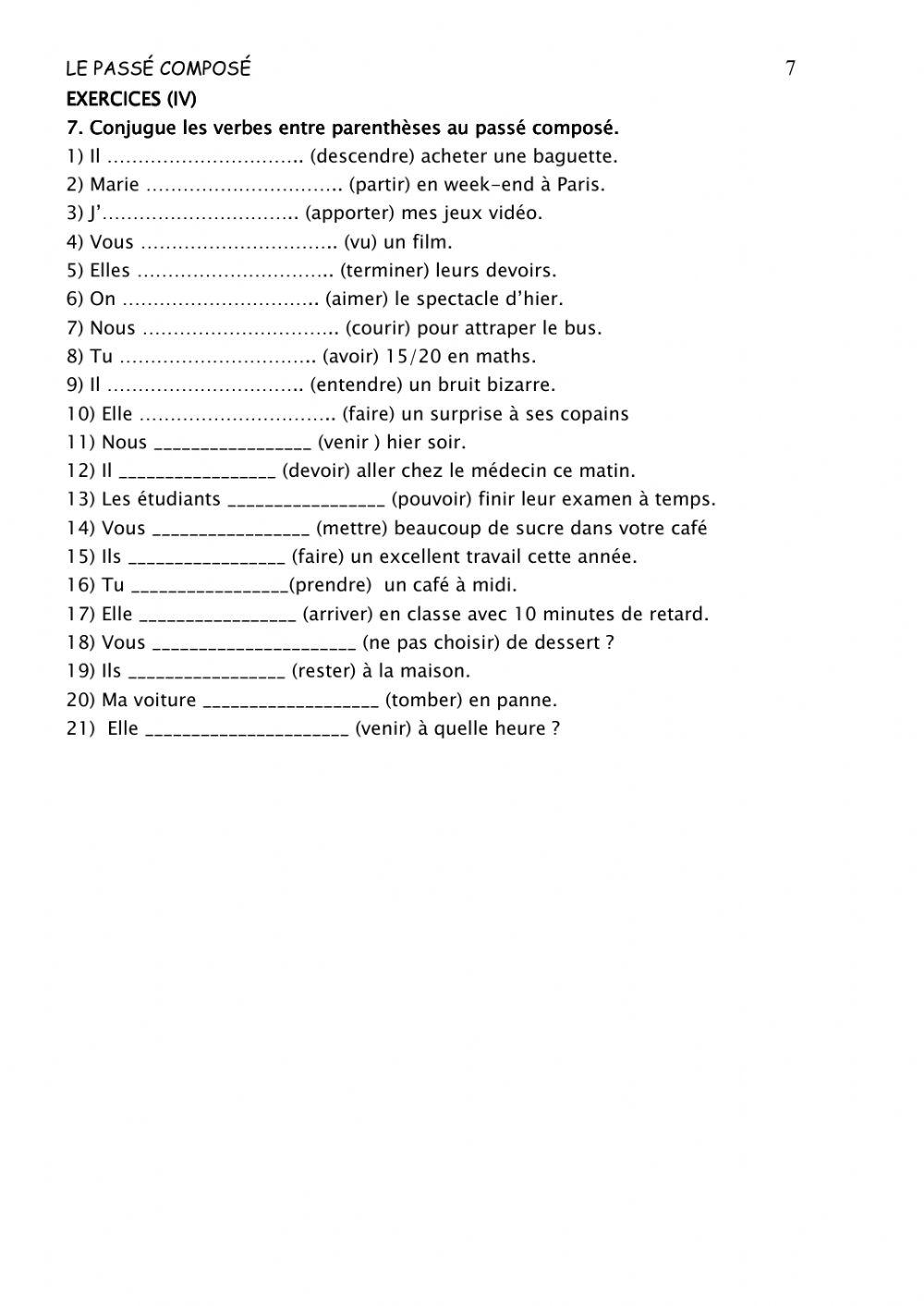 Passé Composé Online Exercise For Live Worksheets