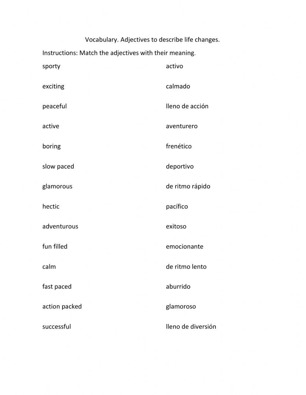 Adjectives to describe life changes online exercise for | Live Worksheets