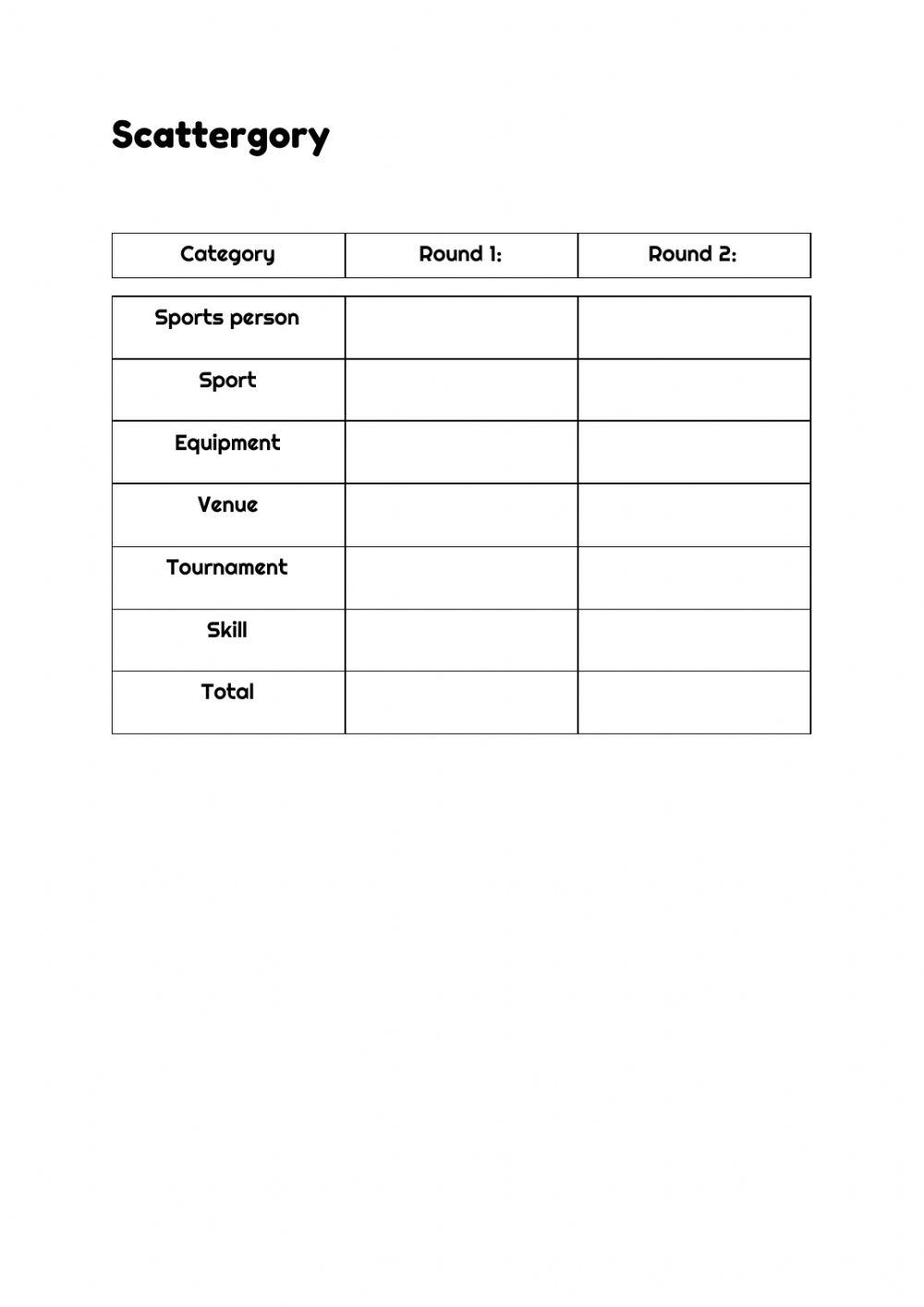 Sports Scattergory worksheet | Live Worksheets