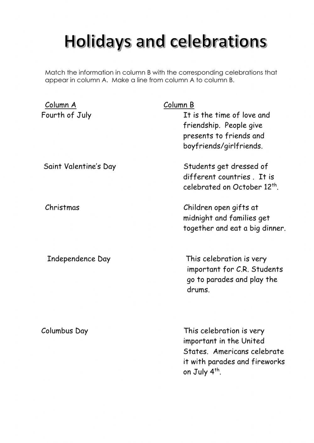 Holidays and celebrations interactive worksheet | Live Worksheets