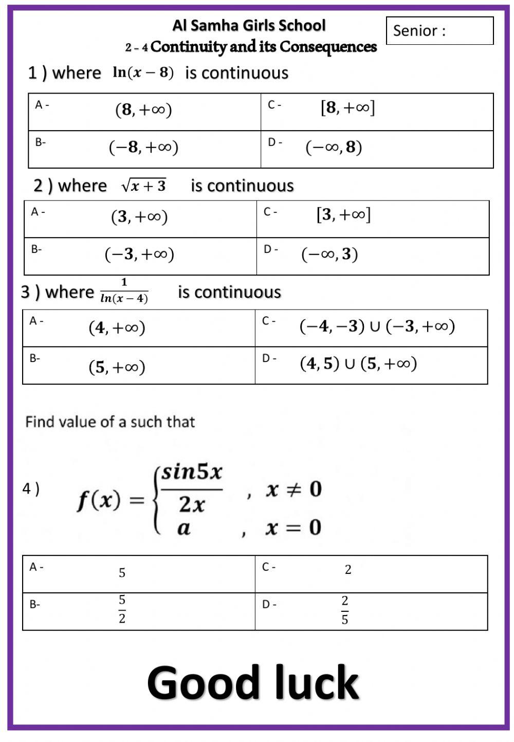 Continuity and its Consequences online exercise for | Live Worksheets