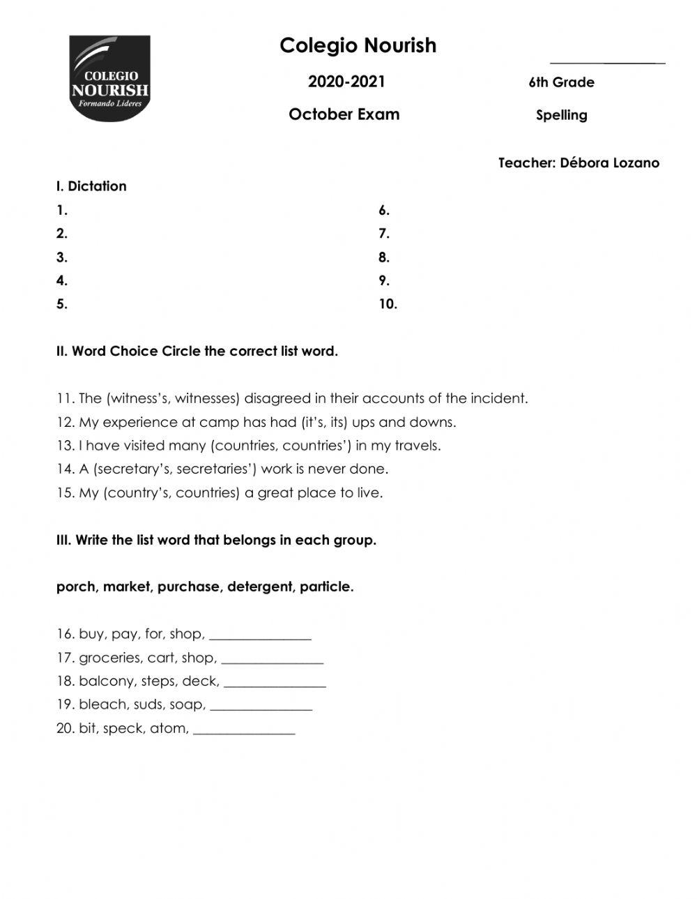 Spelling October Exam 406253 | ELEMENTARY 6TH | Live