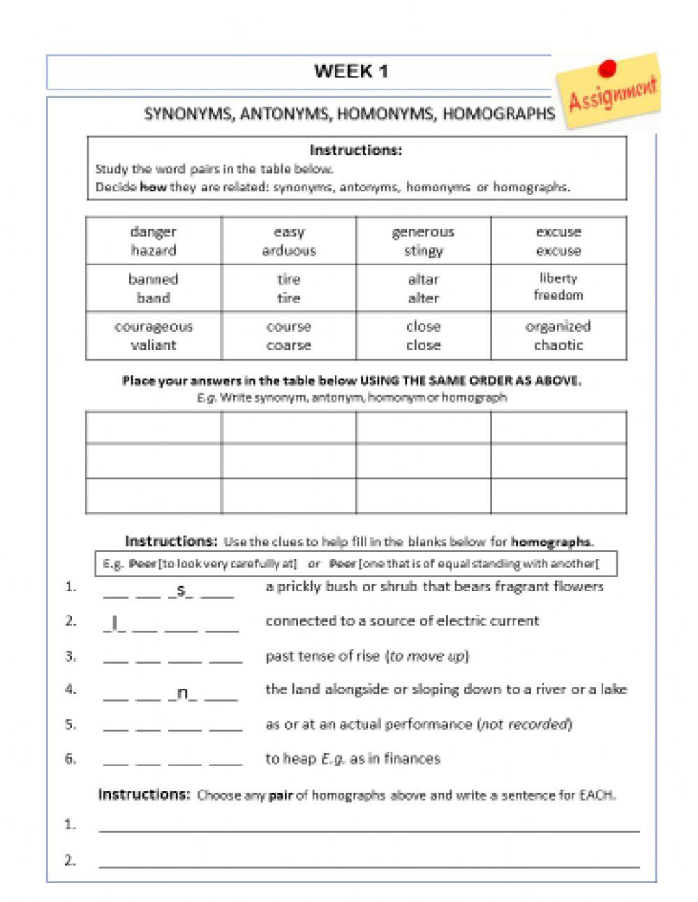 SYNONYMS, ANTONYMS, HOMONYMS, HOMOGRAPHS online exercise for | Live ...